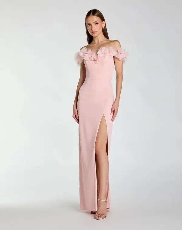 Mac Duggal Off-the-shoulder Column Gown With 3d Floral Appliqu - Dusty Rose