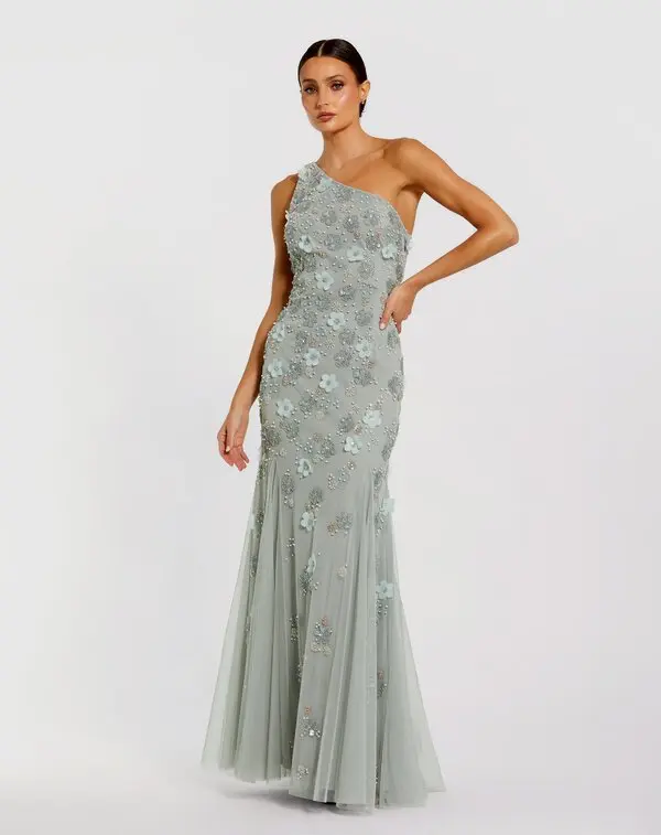 Mac Duggal Embellished One Shoulder Strappy Trumpet Gown - Green