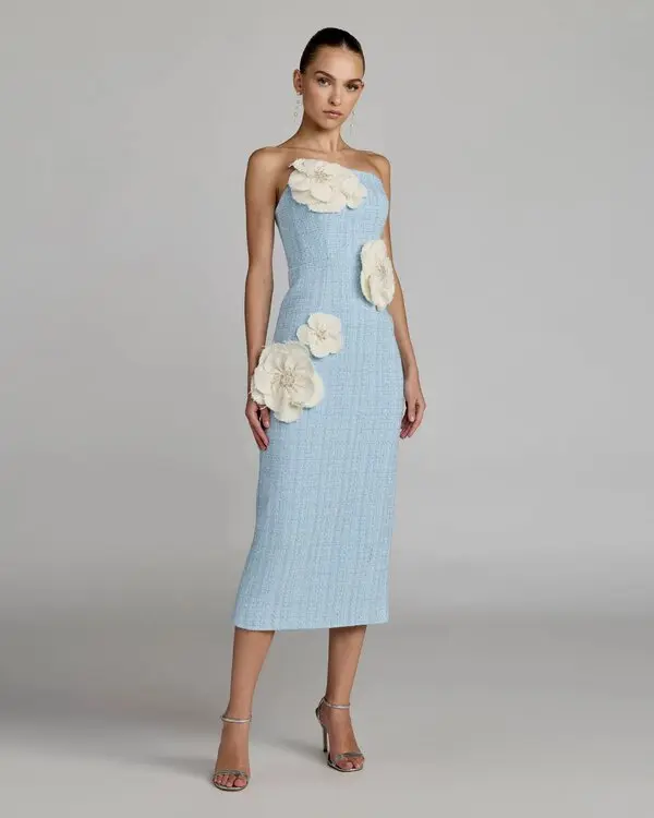 Mac Duggal Strapless 3d Floral Boucle Midi Dress - Light Blue