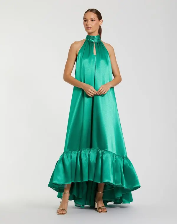 Mac Duggal Green Sleeveless Halter Neck Keyhole Satin High Low Gown - Jade