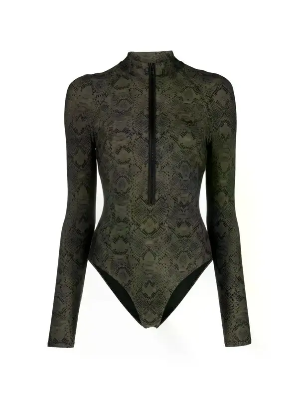 NOIRE SWIMWEAR Snakeskin Print Zip-up Swimsuit - Green