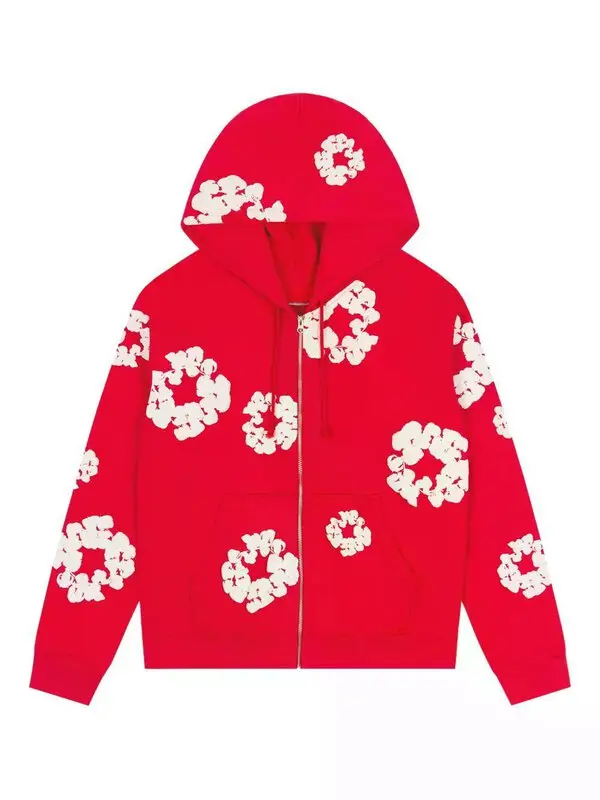 DENIM TEARS Wreath-print Zip-up Hoodie - Red