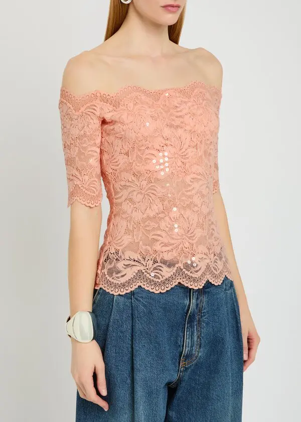 Rabanne Off-the-shoulder Lace Top - Salmon