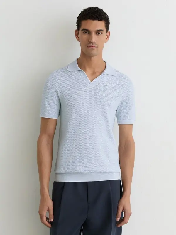 REISS Redbury Open-collar Textured-knit Polo Shirt - Soft Blue