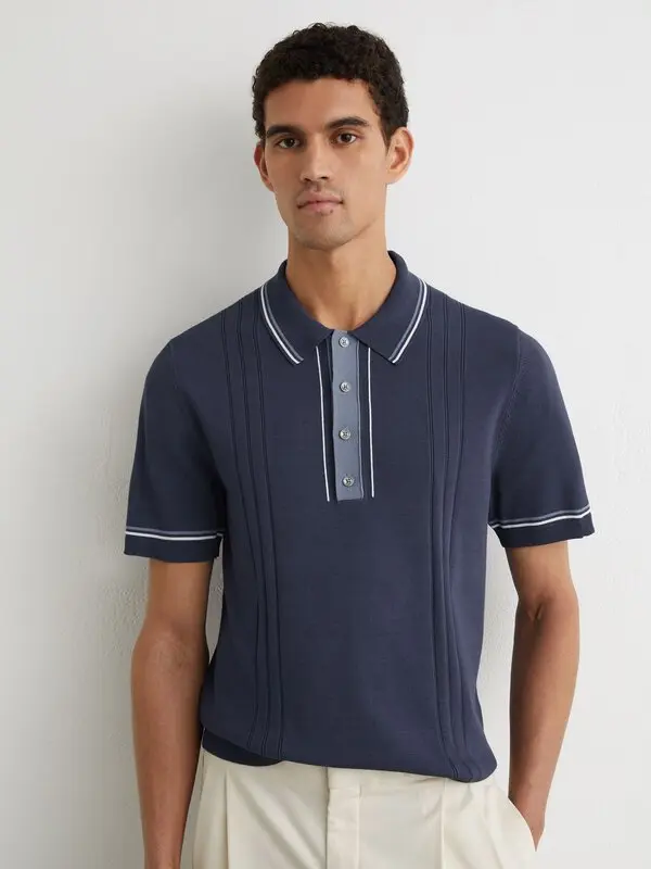 REISS Rothwell Tipped Half-button Knitted Polo Shirt - Navy