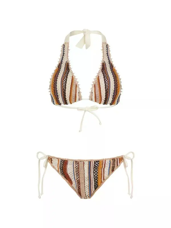 AMIR SLAMA Striped Beachwear With Fringed Trim - Neutrals
