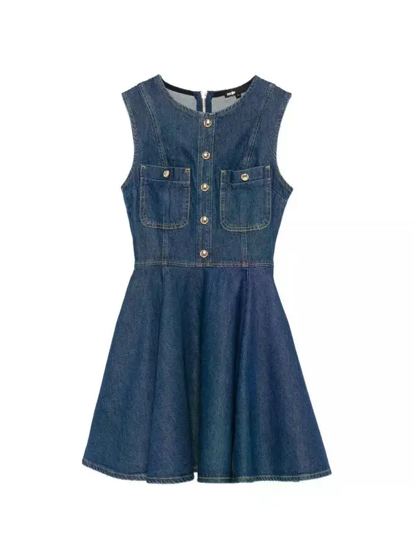 Maje Sleeveless Denim Mini Dress With Flap Pockets And Gold-tone Buttons - Blue