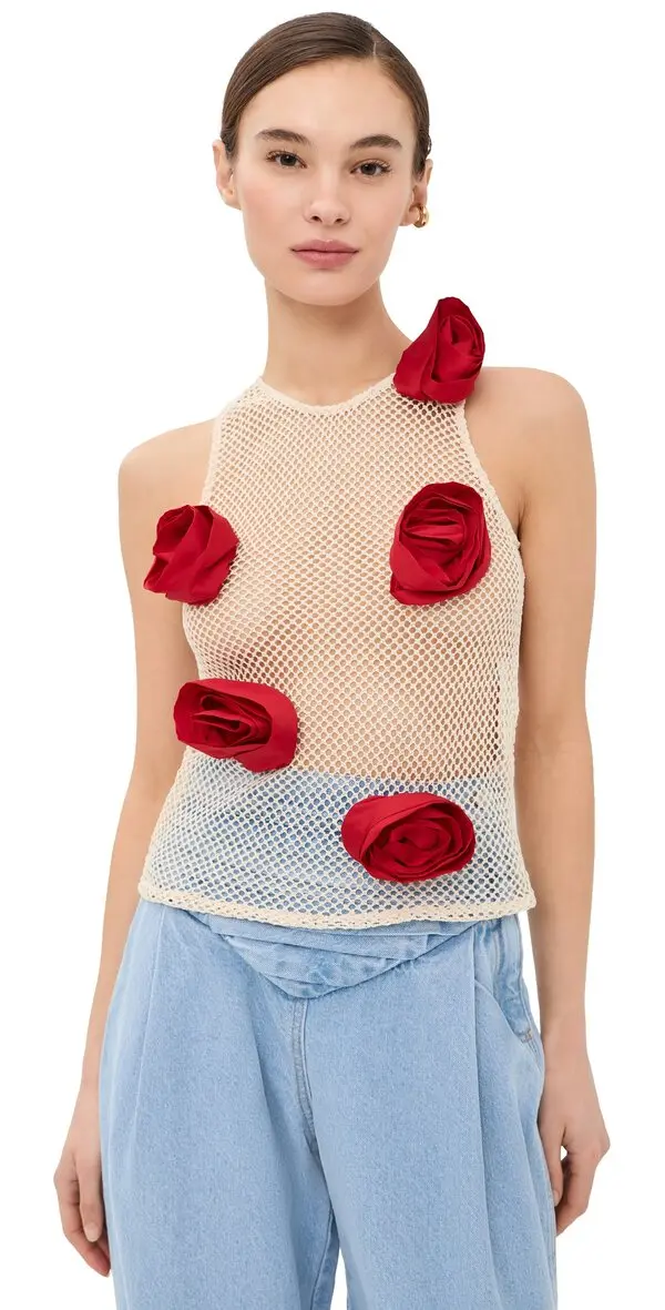BY EFRAIN MOGOLLON Rosita Mesh Tank Top - Nude With Red Flowers