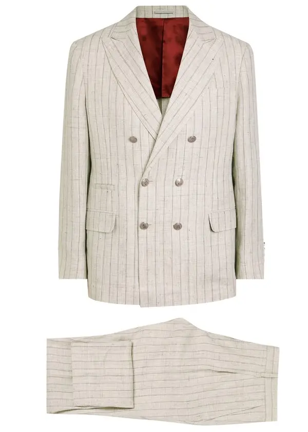 Brunello Cucinelli Pinstriped Double-breasted Linen Suit - Grey