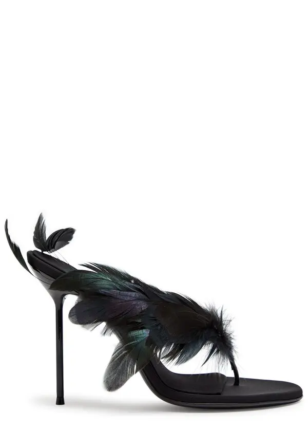 Paris Texas Lidia Feather 105 Crepe Thong Mules - Black