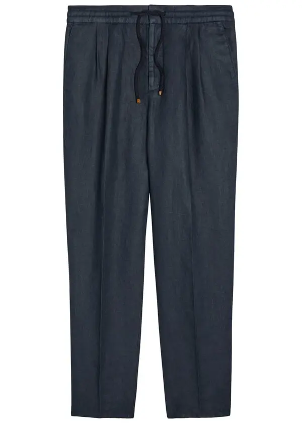 Brunello Cucinelli Drawstring Tapered-leg Linen Trousers - Blue