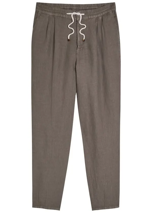 Brunello Cucinelli Drawstring Tapered-leg Linen Trousers - Brown