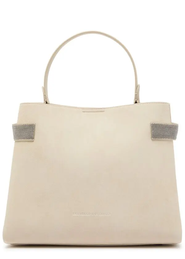 Brunello Cucinelli Stud-embellished Suede Top Handle Bag - Ivory
