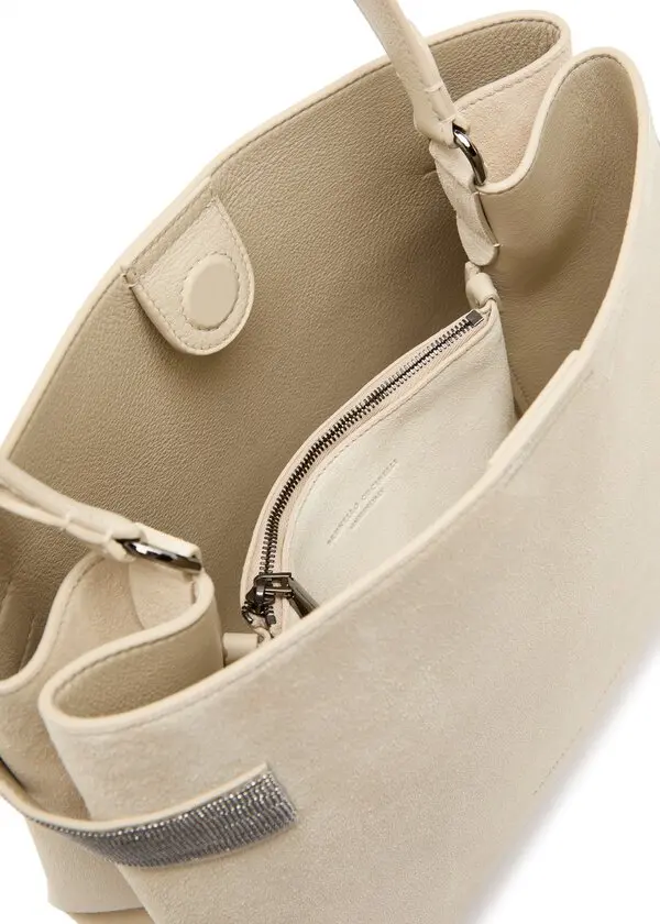 Brunello Cucinelli Stud-embellished Suede Top Handle Bag - Ivory