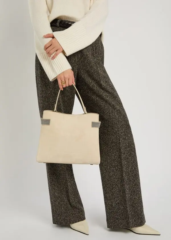 Brunello Cucinelli Stud-embellished Suede Top Handle Bag - Ivory