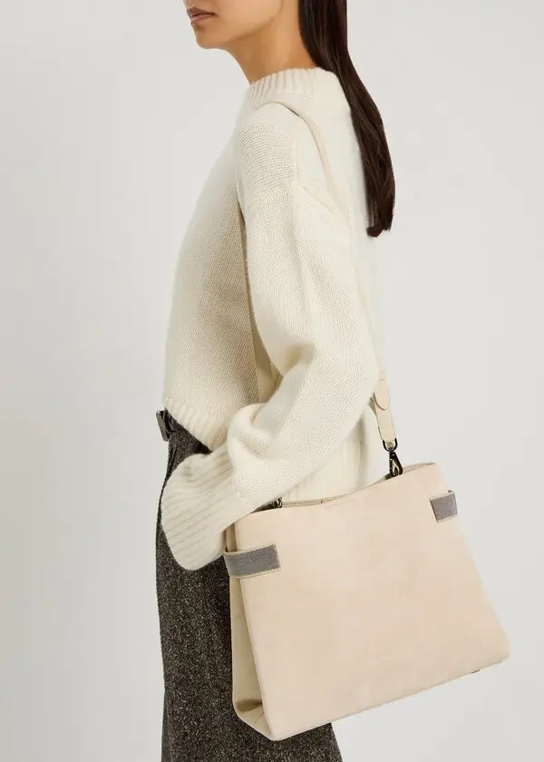 Brunello Cucinelli Stud-embellished Suede Top Handle Bag - Ivory