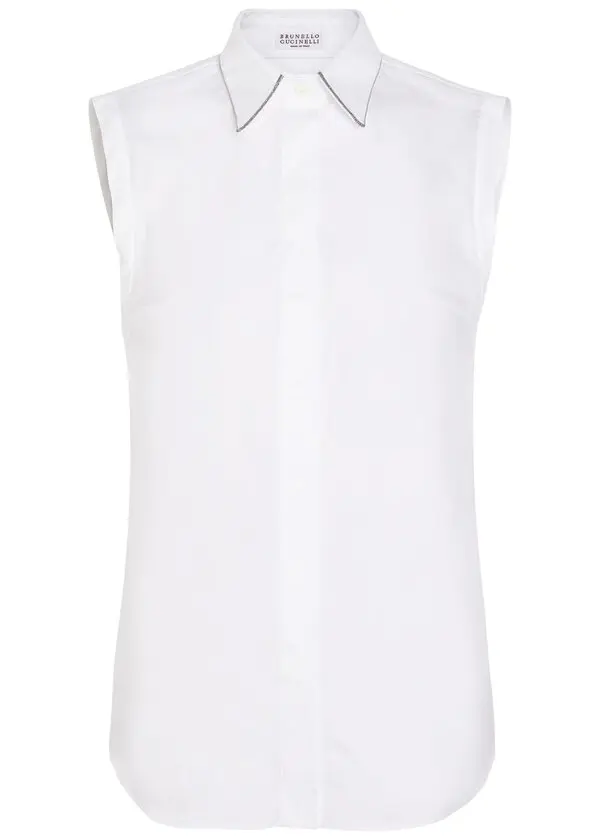 Brunello Cucinelli Stud-embellished Cotton-blend Poplin Top - White