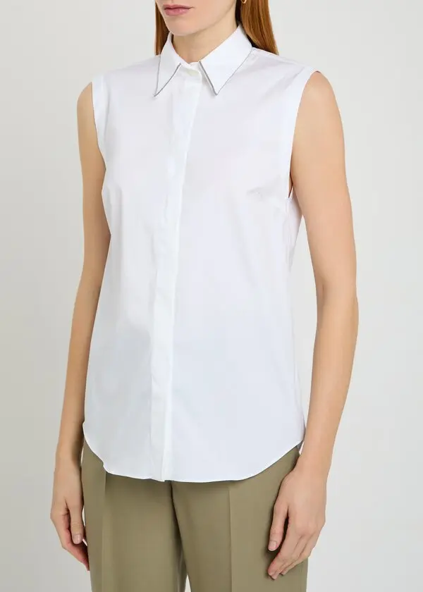 Brunello Cucinelli Stud-embellished Cotton-blend Poplin Top - White