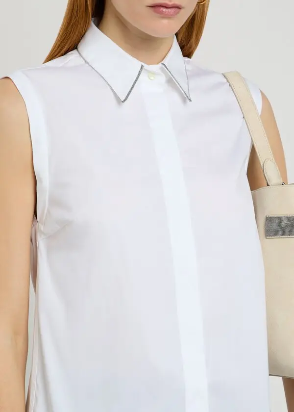 Brunello Cucinelli Stud-embellished Cotton-blend Poplin Top - White