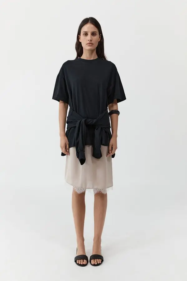 ST. AGNI Fine Lace Trimmed Silk Skirt - Stone