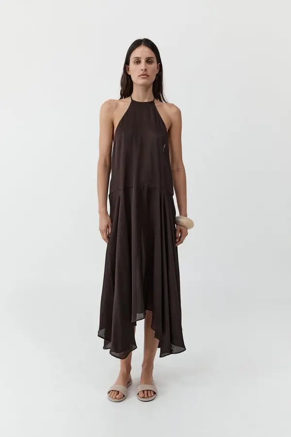 ST AGNI Silk Handkerchief Halter Dress - Bark