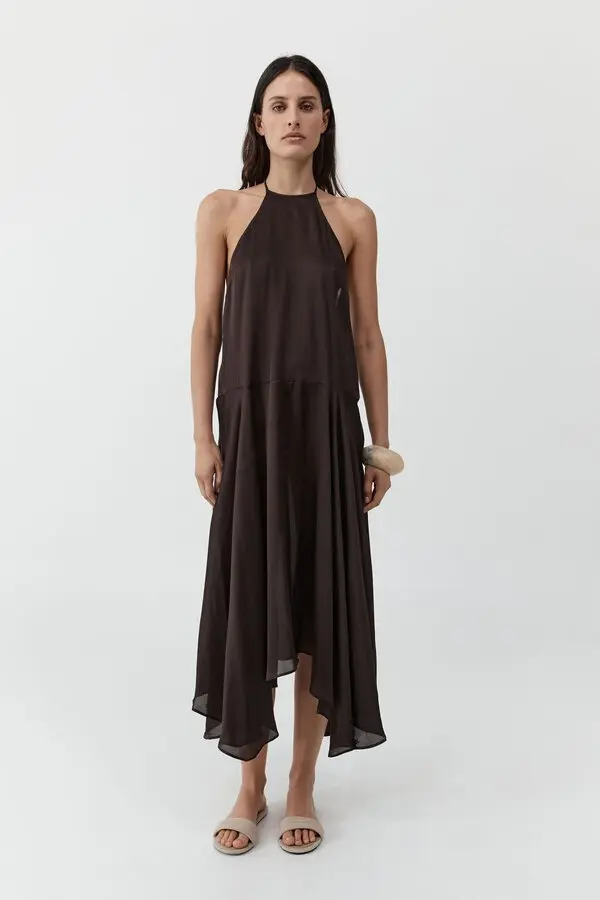 ST. AGNI Silk Handkerchief Halter Dress - Bark