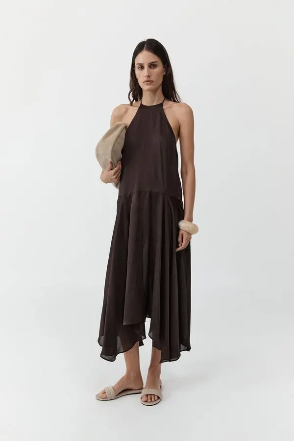 ST. AGNI Silk Handkerchief Halter Dress - Bark