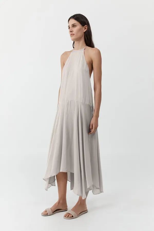 ST. AGNI Silk Handkerchief Halter Dress - Stone