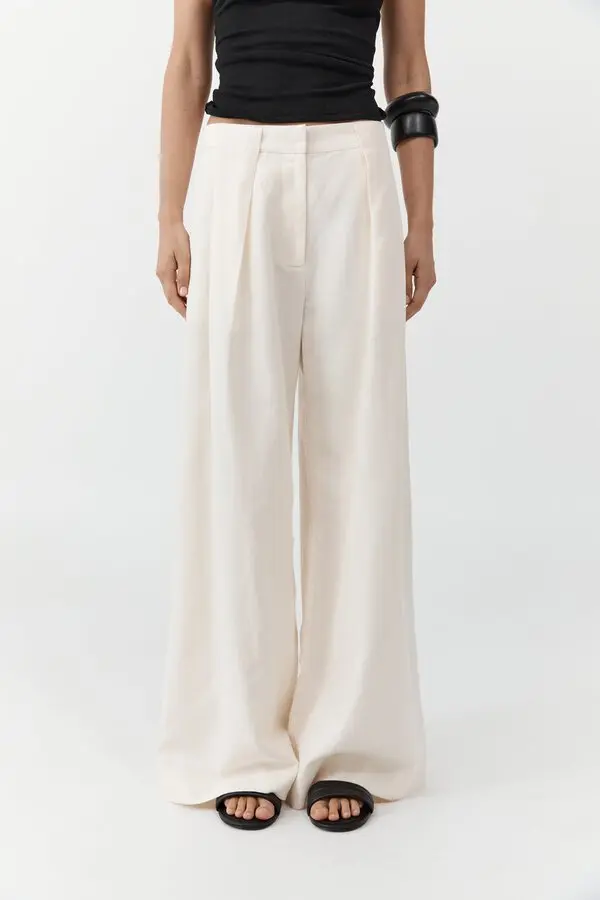 ST. AGNI Pleat Loop Wide Leg Pants - Ivory