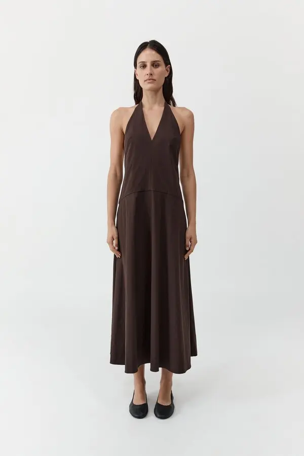 ST AGNI Halter Plunge Dress - Bark