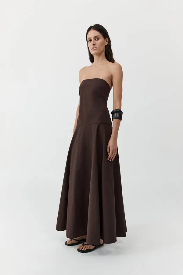 ST. AGNI Strapless Rouleau Maxi Dress