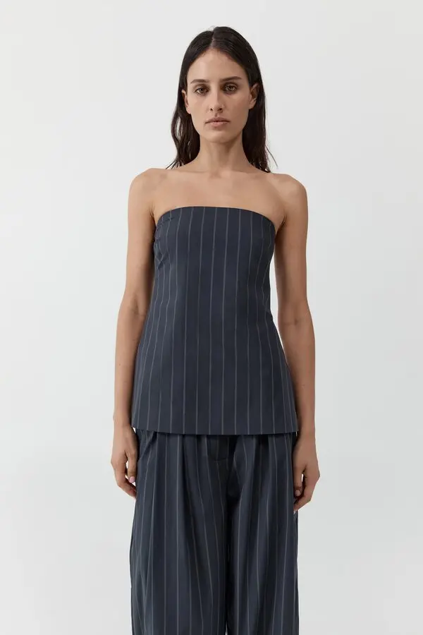 ST AGNI Strapless Rouleau Tie Top - Ink Stripe