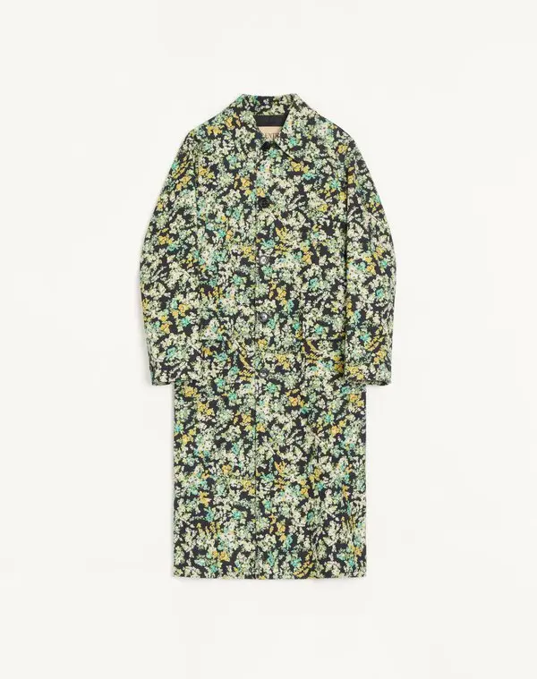 Valentino Garavani Single-breasted Coat In Cotton Drill With Papier Floral Print - Black/multicolour