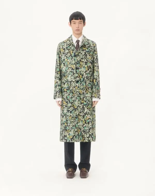 Valentino Garavani Single-breasted Coat In Cotton Drill With Papier Floral Print - Black/multicolour