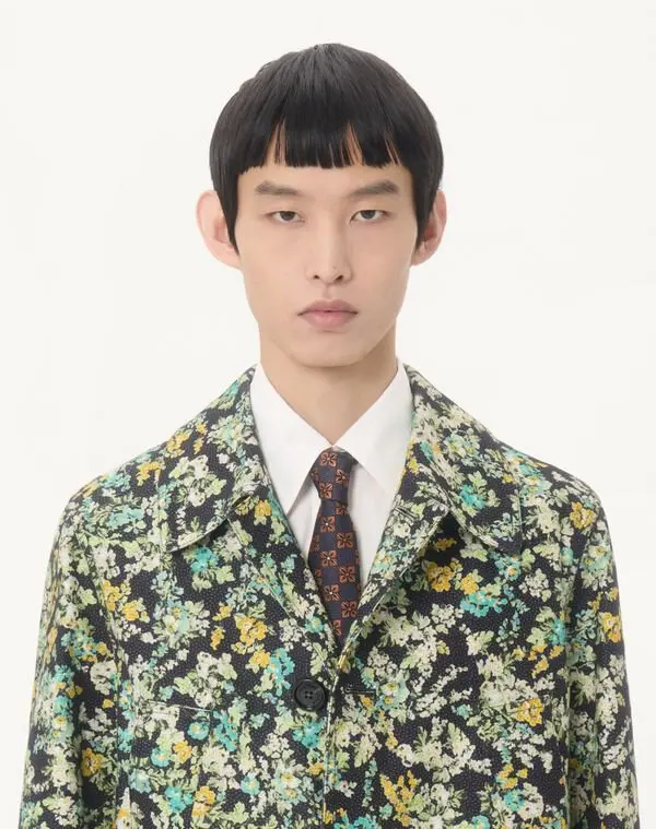 Valentino Garavani Single-breasted Coat In Cotton Drill With Papier Floral Print - Black/multicolour
