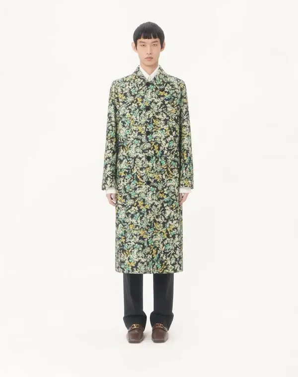 Valentino Garavani Single-breasted Coat In Cotton Drill With Papier Floral Print - Black/multicolour