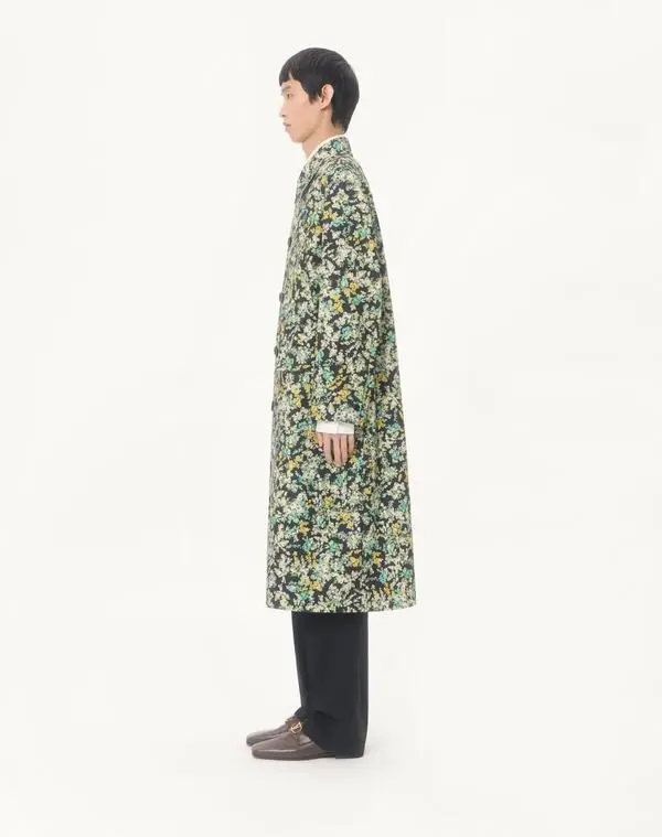 Valentino Garavani Single-breasted Coat In Cotton Drill With Papier Floral Print - Black/multicolour
