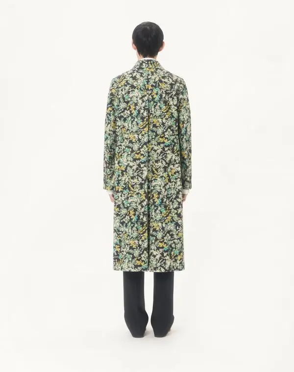 Valentino Garavani Single-breasted Coat In Cotton Drill With Papier Floral Print - Black/multicolour
