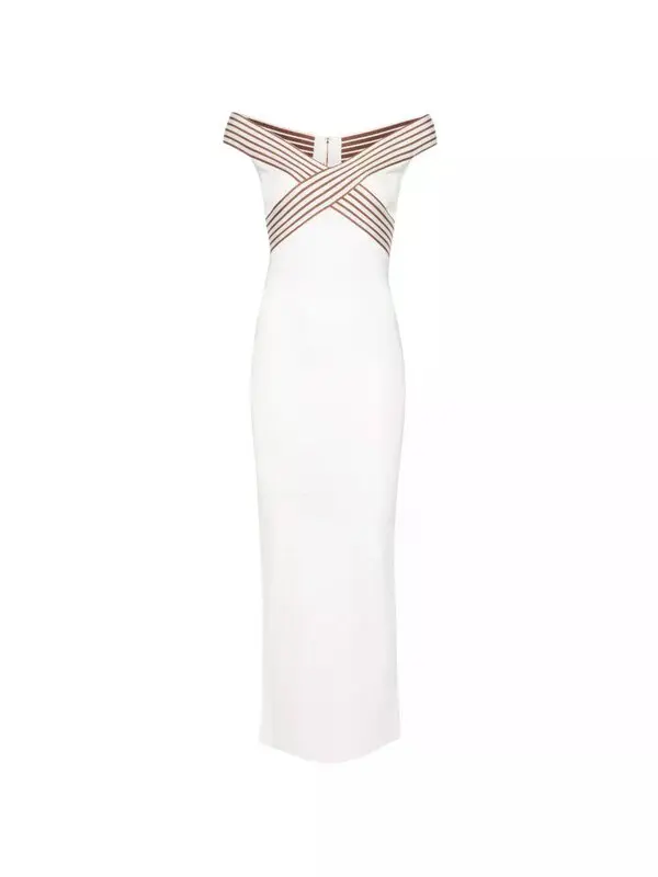 Elisabetta Franchi Knit Fabric Maxi Dress With Striped Bands - Neutrals