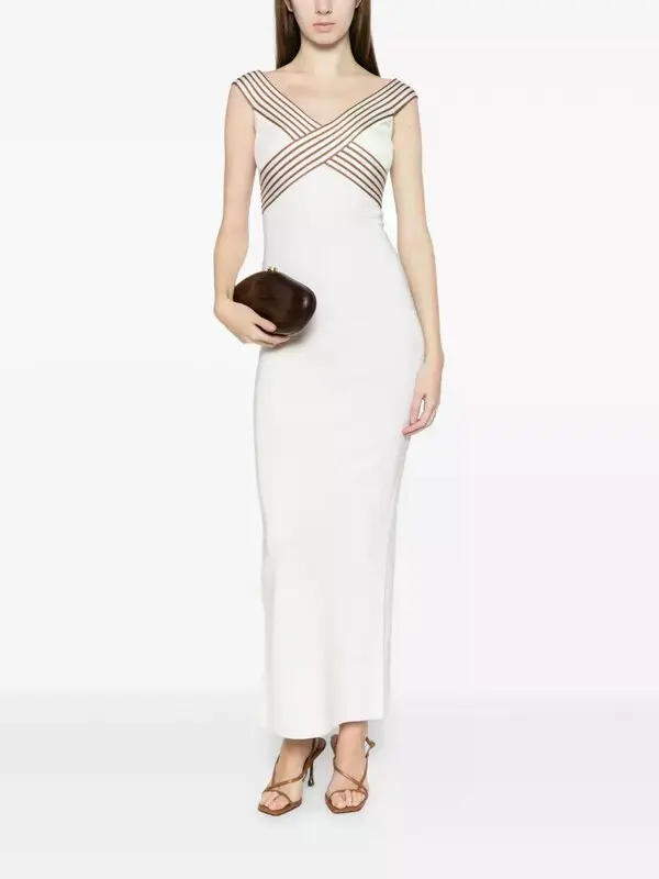 Elisabetta Franchi Knit Fabric Maxi Dress With Striped Bands - Neutrals