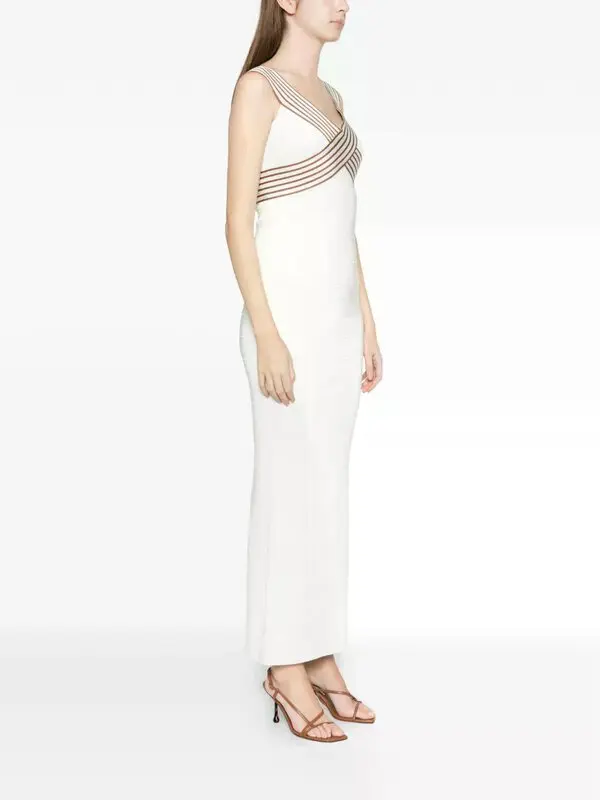 Elisabetta Franchi Knit Fabric Maxi Dress With Striped Bands - Neutrals