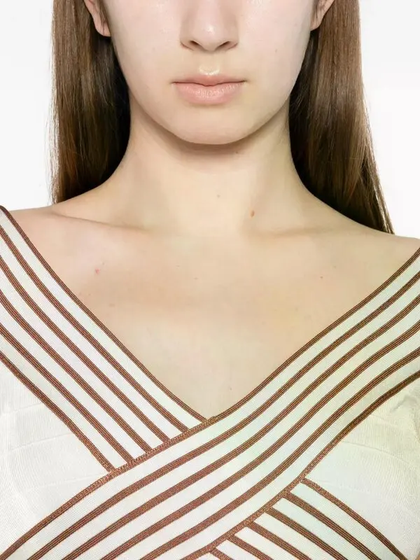 Elisabetta Franchi Knit Fabric Maxi Dress With Striped Bands - Neutrals