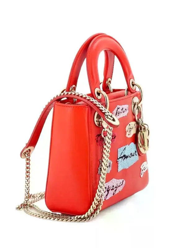 Dior Lady Chain Bag Beaded Leather Mini Shoulder Bag - Red