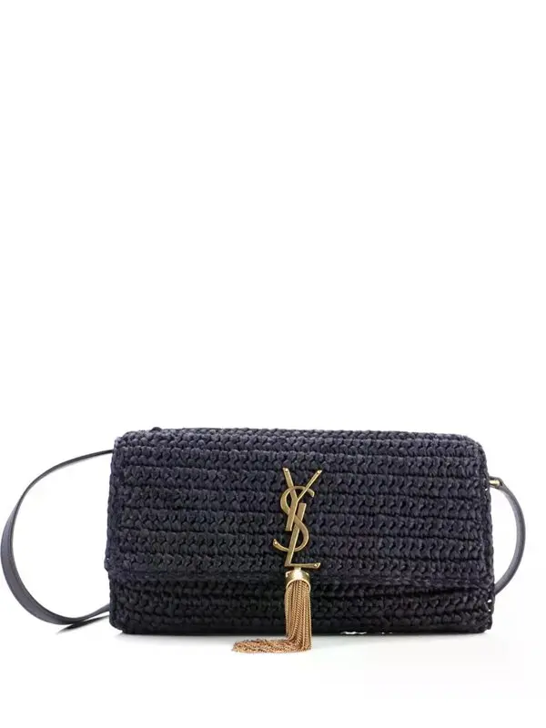 Saint Laurent Kate 99 Tassel Flap Bag Woven Raffia Medium Shoulder Bag - Black