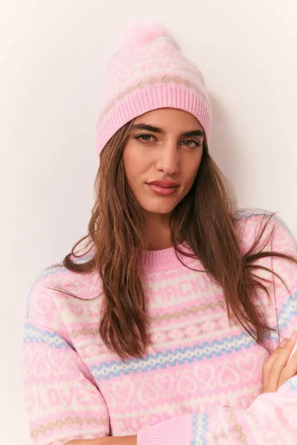 LoveShackFancy Sanibel Wool Fair Isle Beanie - Peach Dream