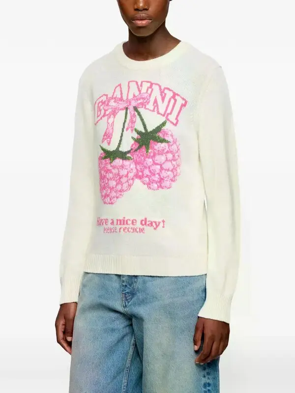 GANNI Graphic Wool Jumper With Raspberry Print - Neutrals