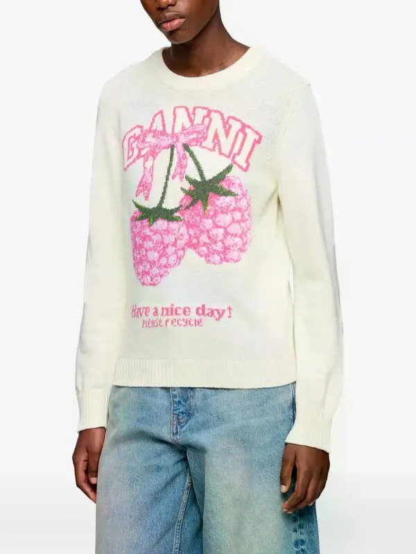GANNI Graphic Wool Jumper With Raspberry Print - Neutrals