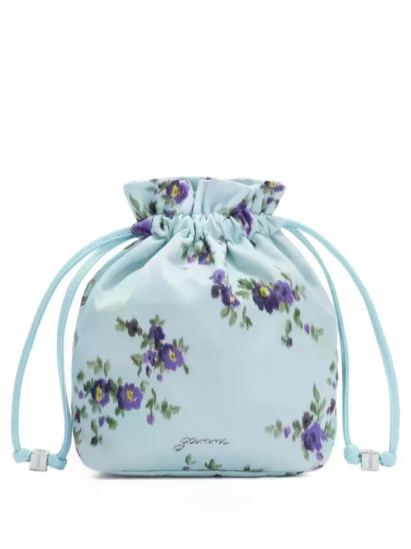 GANNI Floral Drawstring Bucket Bag - Blue