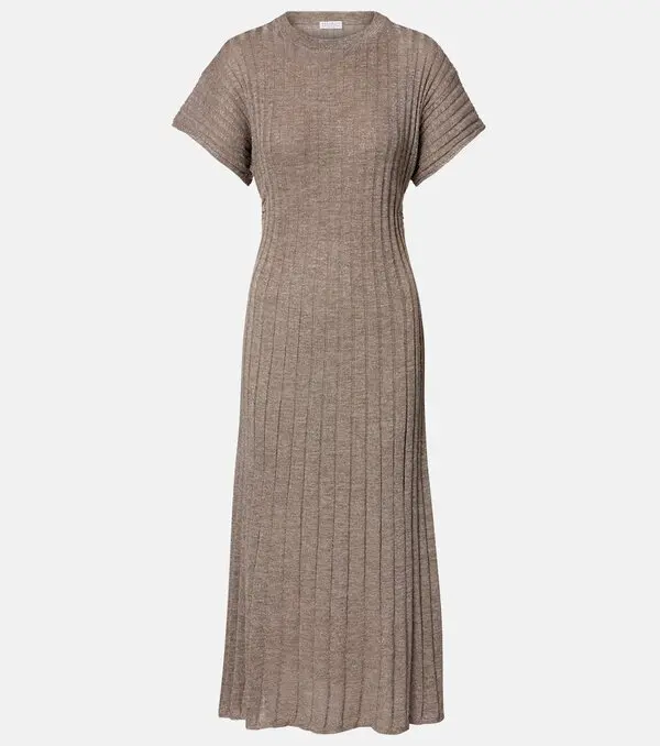 Brunello Cucinelli Ribbed-knit Lamé Midi Dress - Brown