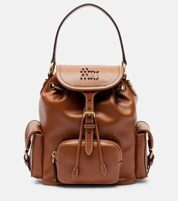 Miu Miu Logo Leather Backpack - Brown